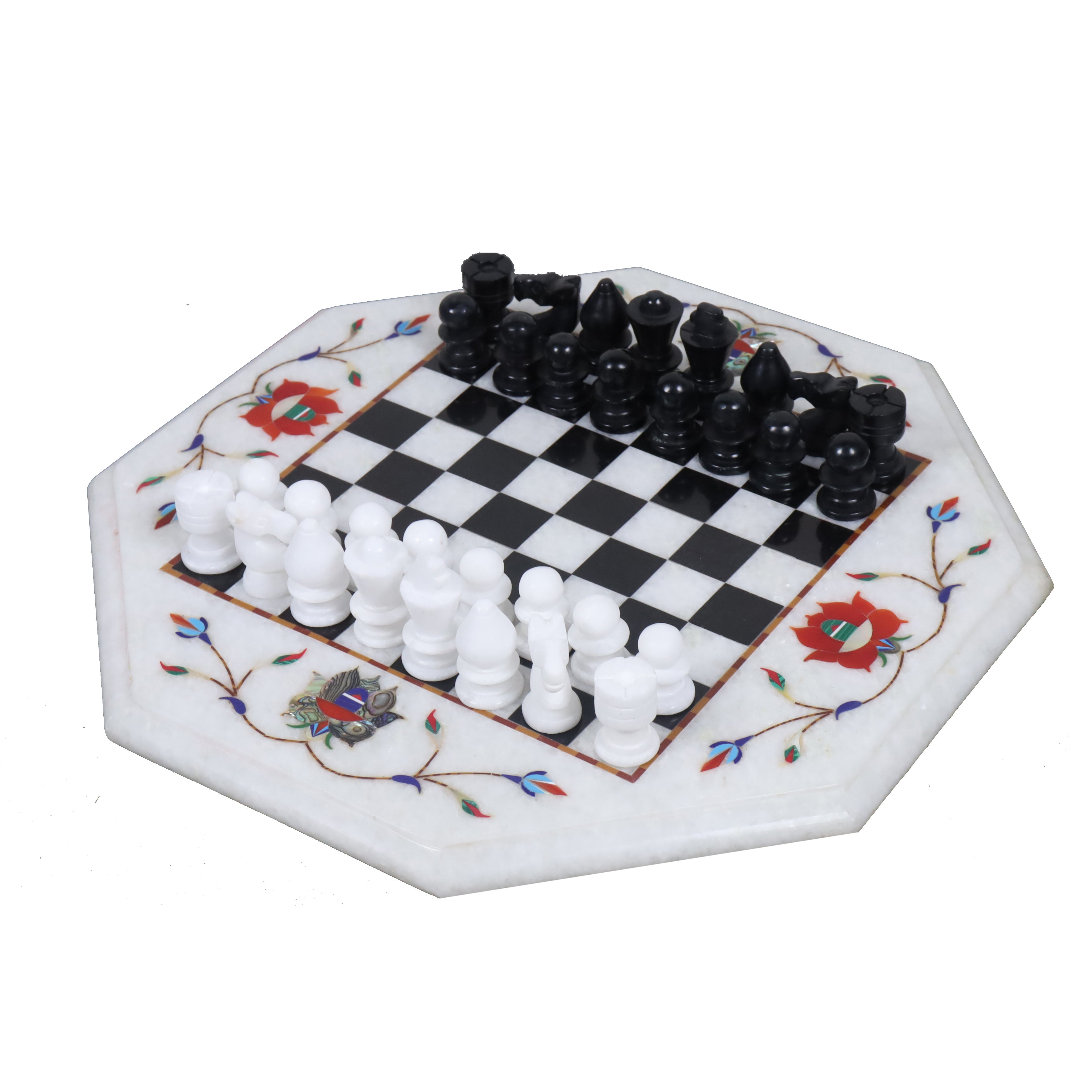 Marble Stone Chess Pieces & Board Set - Inlay Handcrafted Work - 12" b