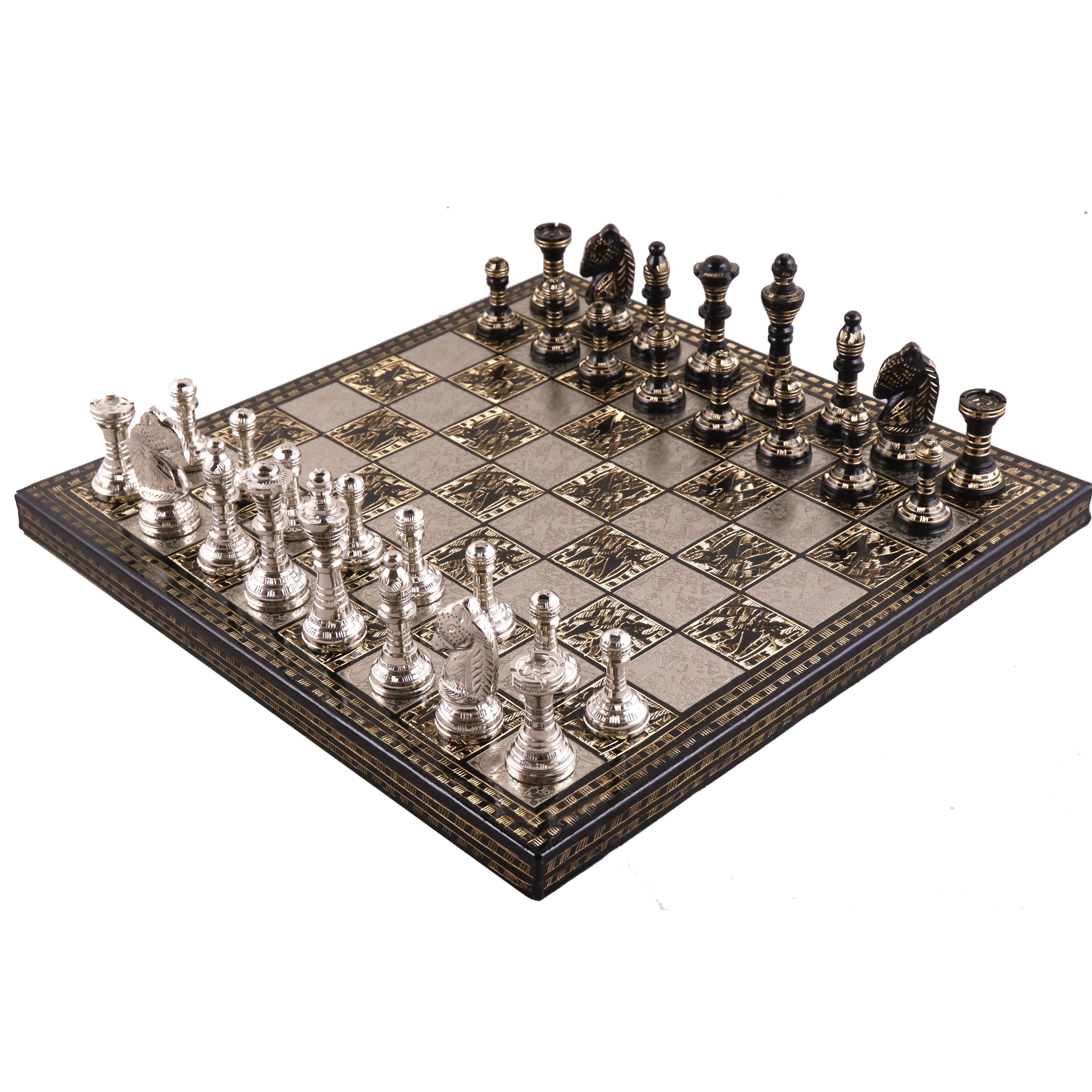 Staunton Inspired Brass Metal Luxury Chess Pieces & Board Set-12"-Silv